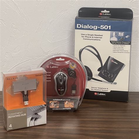 Blazing Auctions Nib Labtec Dialoge 501 Headset Belkin 4 Port Rotating Hub Labtec Optical Mouse