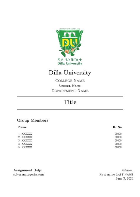 Du Cover Template Copmputer Programming Dilla University College Name School Name Department