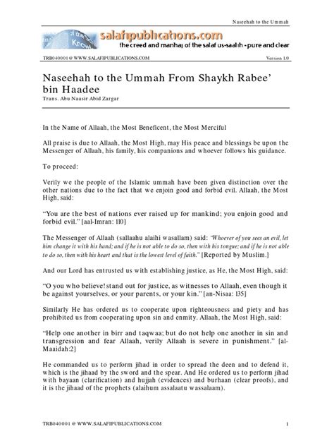 General Advice To The Ummah From Shaykh Rabee Bin Haadee Pdf Prophets And Messengers In