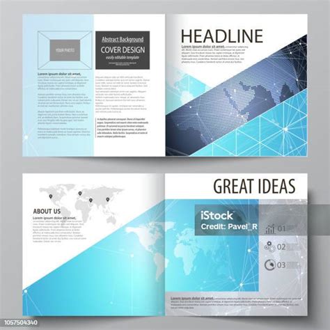 사각형 디자인 Bi에 대 한 두 개의 표지 서식 파일의 편집 가능한 레이아웃의 벡터 일러스트 레이 션 소책자 전단지 잡지 브로셔 접어 추상 글로벌 디자인입니다 화학 패턴