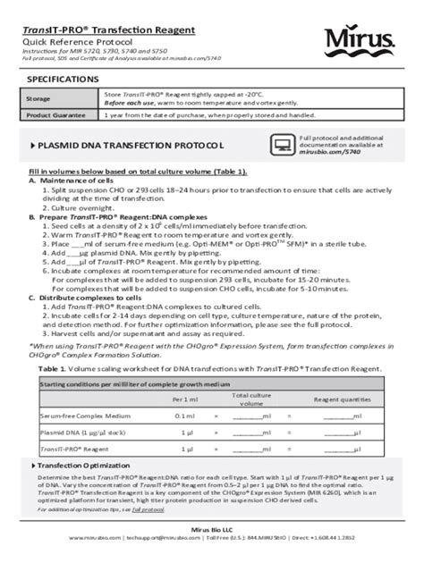 Fillable Online Transit Pro Transfection Reagent Quick Reference