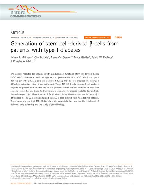 Pdf Generation Of Stem Cell Derived β Cells From Patients With Type 1 Diabetes