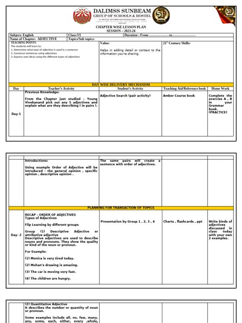 Chapter Wise Lesson Plan English Adjective Pdf Adjective