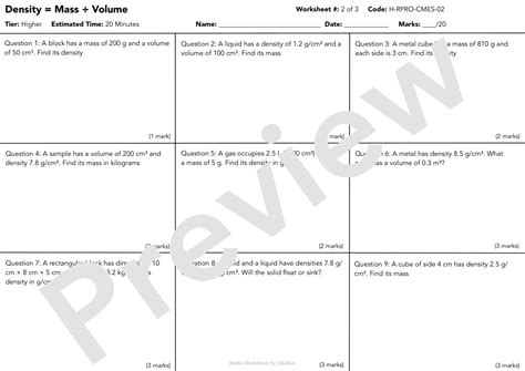 Gcse Maths Worksheet Density Mass ÷ Volume Higher Tier Teaching