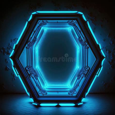 Innovation Of Hexagon Border Frame With Blue Neon Light Effects Stock