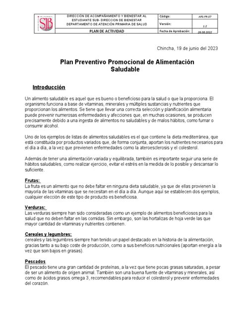 Plan De Actividad De Alimentacion Saludable Junio Pdf Alimentos