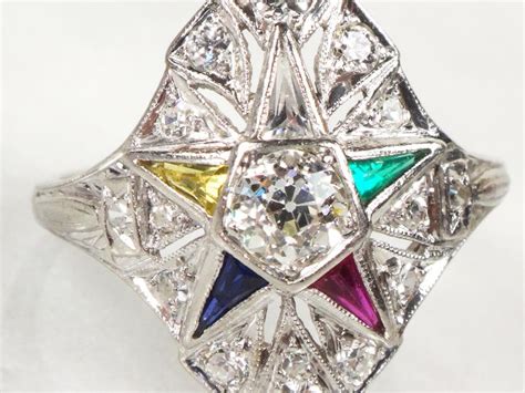 Vintage Platinum Eastern Star Diamond Ring 1920s Natural Diamond