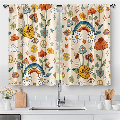 Boho Mushroom Kitchen Curtains Retro Rustic 70s Hippie Fantasy