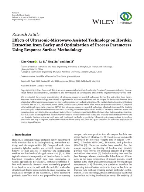 Pdf Effects Of Ultrasonic Microwave Assisted Technology On Hordein Extraction From Barley And