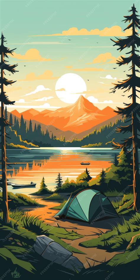 Premium Photo Warm Color Palette Landscape With Camp Tent And Lake
