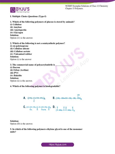 Ncert Exemplar Solutions For Class 12 Chemistry Chapter 15 Polymers Pdf Polymerization