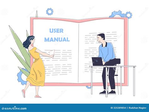 People With User Manual Man And Woman Near Instructions And Guidebook