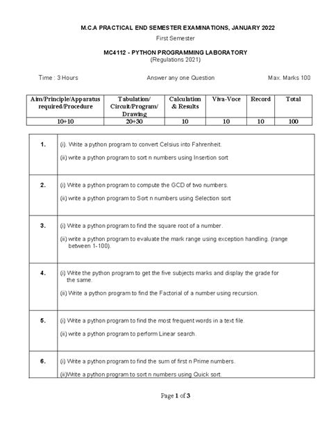 Mc4112 Set3 Python Questions Mc Practical End Semester Examinations January 2022 First