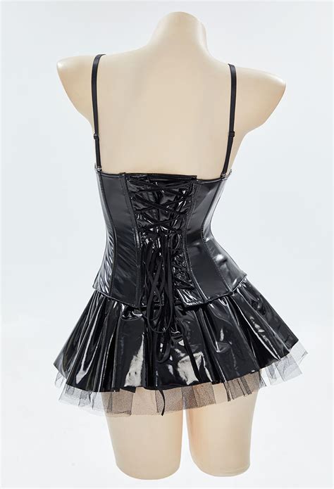 Women Sexy Gothic Lingerie Set Black Corset Top And Mini Skirt With