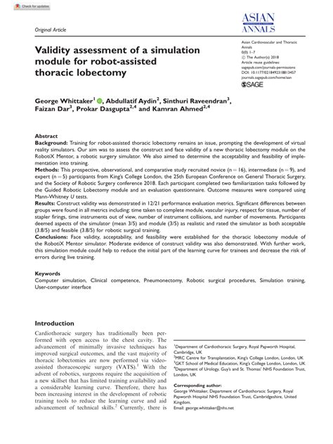 Pdf Validity Assessment Of A Simulation Module For Robot Assisted Thoracic Lobectomy