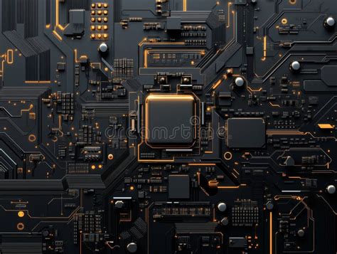 Futuristic Microchip Circuit Board Illuminated Lines Components Black