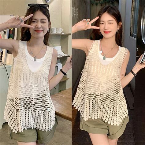 할로우 아웃 플로이 탱크 탑 루즈 민소매 크로셰 프릴 탑 V넥 셔츠 튜닉 스웨터 조끼 여성용 여름 Aliexpress
