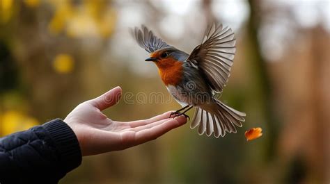 A Small Robin With A Vibrant Orange Breast And Grey Wings Is Landing On An Outstretched Human