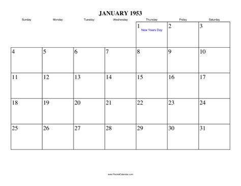 January 1953 Calendar