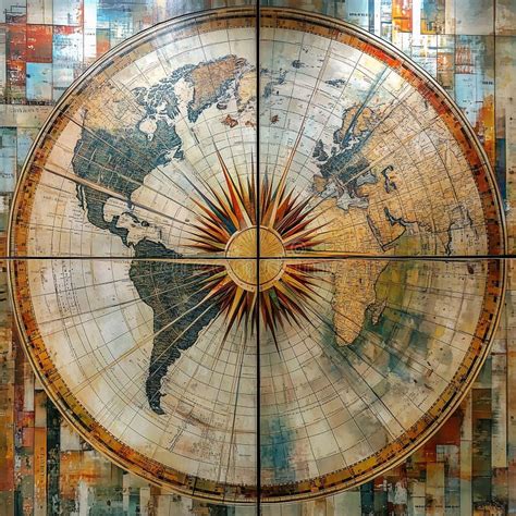 Vintage Map Of The World With A Compass Rose In The Center Stock