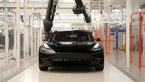 A Black Electric Car On An Automated Assembly Line In A Modern Factory