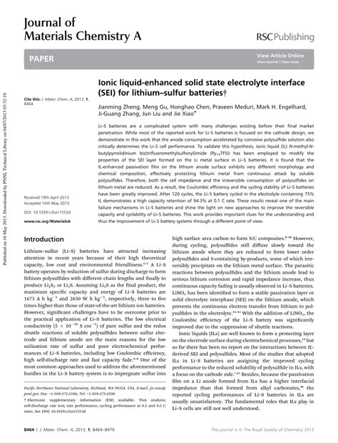 Pdf Ionic Liquid Enhanced Solid State Electrolyte Interface Sei For Lithium Sulfur Batteries