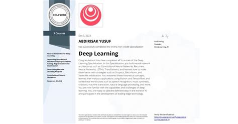 abdirisak abdirahman yusuf on linkedin completion certificate for deep learning
