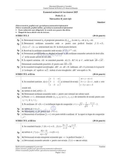 Modele De Subiecte La Matematică Pentru Bacalaureat 2025 Variante De Subiecte Pentru Elevii De