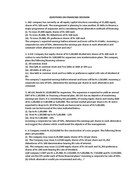 Questions On Financing Decision Pdf Stocks Share Finance