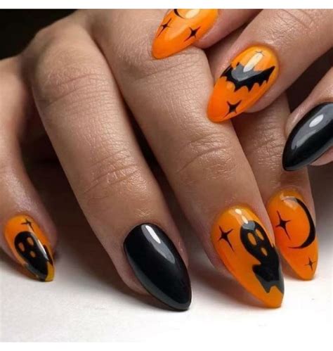 Outyua 할로윈 아몬드 인조 네일 프레스 온 광택 짧은 아크릴 호러 팁 디자인 부착 풀 커버 젤 포함 여 티몬