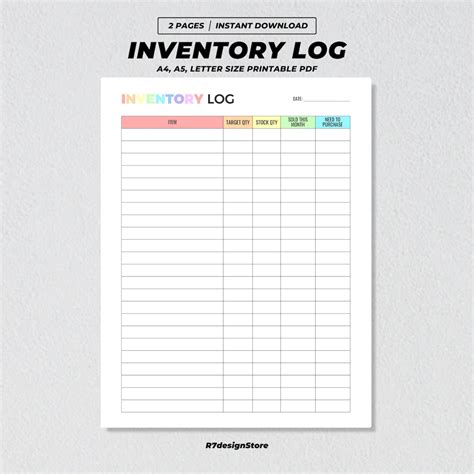 Inventory Log Printable Small Business Stock Organizer Inventory Management Form Product