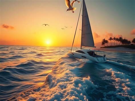 Ocean Sunset Exhilaration With Yacht Cruising Delight Premium AI Generated Image