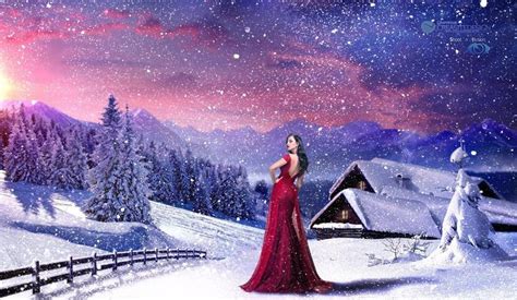 Beautifull Landscape With Woman In Red Dress Snow Model Photoshop
