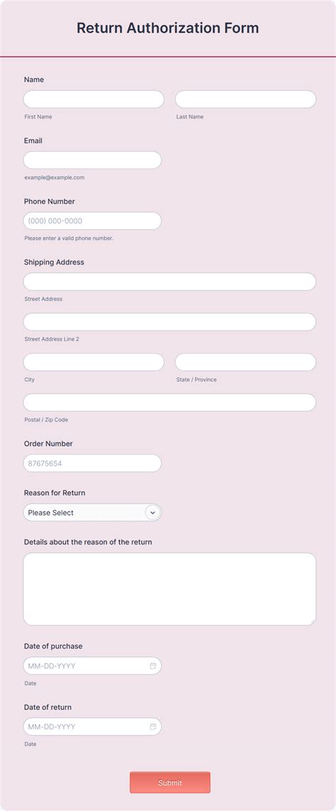 Return Authorization Form Template Jotform