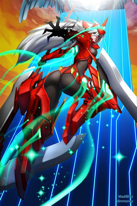 Dinmoney Madiblitz Alpha 01 Blazblue Silver Hair Highres 1girl Ass Bodysuit Green Eyes