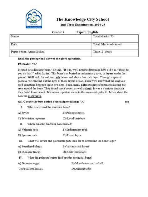 Grade 4 English Exam Paper 2024 25 Pdf Fossil Dinosaurs