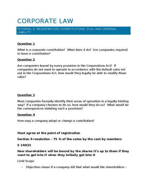 Tutorial 3 Week 4 Registration Corporate Constitution Corporate