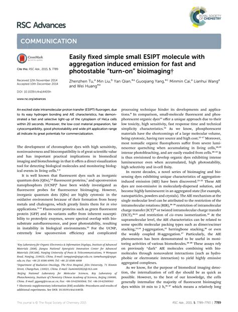 Pdf Easily Fixed Simple Small Esipt Molecule With Aggregation Induced