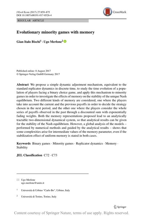 Evolutionary Minority Games With Memory Request Pdf