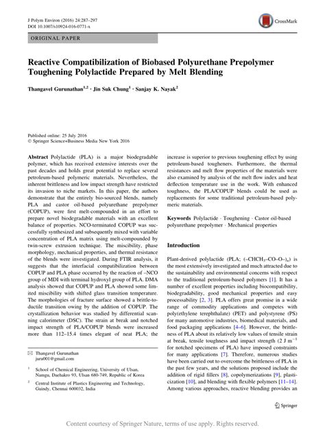 Reactive Compatibilization Of Biobased Polyurethane Prepolymer