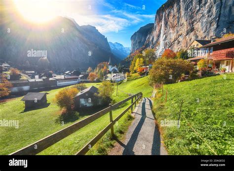 Astonishing Autumn View Of Lauterbrunnen Valley With Gorgeous Staubbach