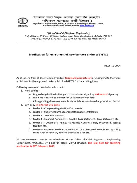 Wbsetcl Vendor Enlistment Notice 2025 Pdf