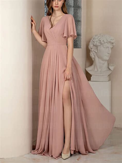 웨딩용 브이넥 신부 들러리 드레스 쉬폰 프릴 슬리브 포멀 가운 포켓 사이드 슬릿 레이스업 백 플로어 길이 무도회 드레스