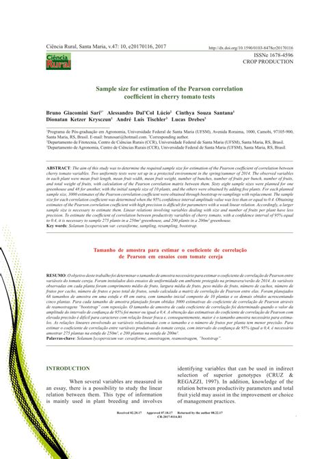 Pdf Sample Size For Estimation Of The Pearson Correlation Coefficient In Cherry Tomato Tests