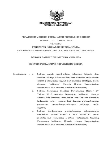 Permenhan 10 2018 Indikator Kinerja Utama Kemhan Dan Tni Pdf