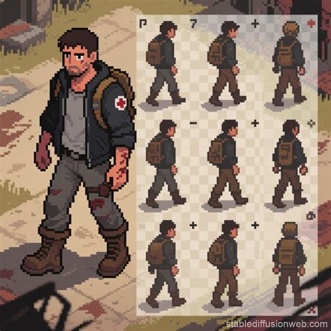 Top Down Pixel Art Sprite Sheet Of A Zombie Character With Green Skin