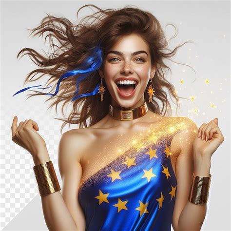 Premium Psd Smiling Stylish Model With Eu Flag Outfit Shaking