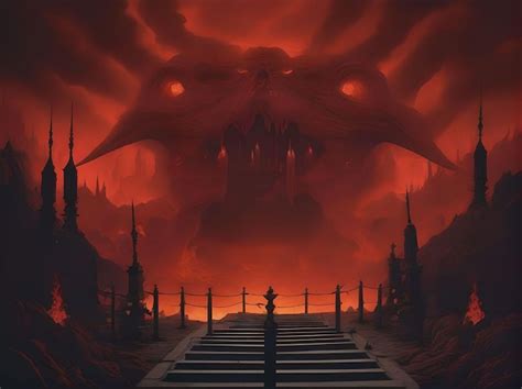Premium Photo Hellfire With Stairs And Fogs With Abstract Creatures
