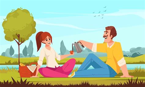 Picknick Cartoon Konzept Mit Jungen Paaren Die Im Freien Ein