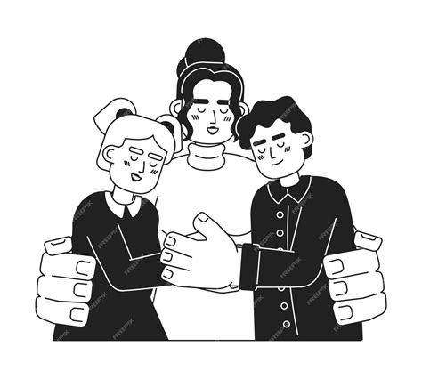 히스패닉 엄마가 아이들을 안아주는 흑백 2d 만화 캐릭터 가족을 안아주는 두 아이를 가진 엄마 고립된 ⁇ 터 윤 ⁇ 사람들이 감사한 추수감사절 단색 평평한 점 일러스트레이션